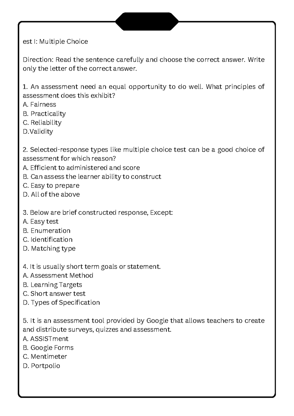 Table of Specification Assessment: Multiple Choice and True/False Test ...
