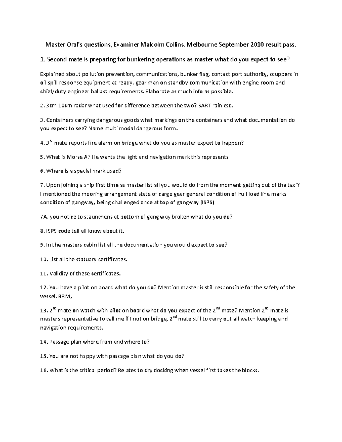 Master Oral Exam Questions - 2010 Edition, Maritime Safety Focus - Studocu