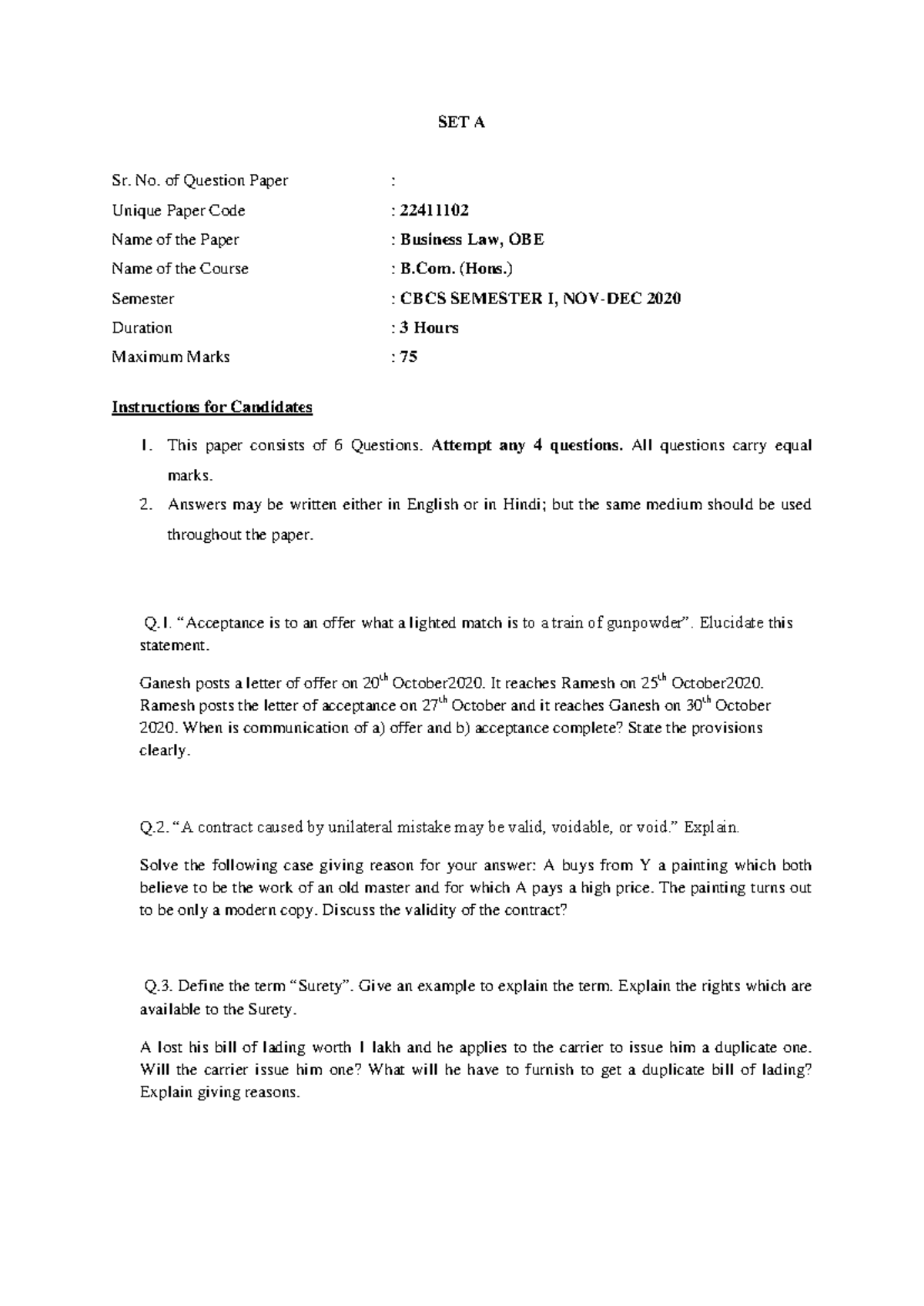 B.Com. (Hons.) Business Law OBE Exam Paper - Semester I 2020 - Studocu