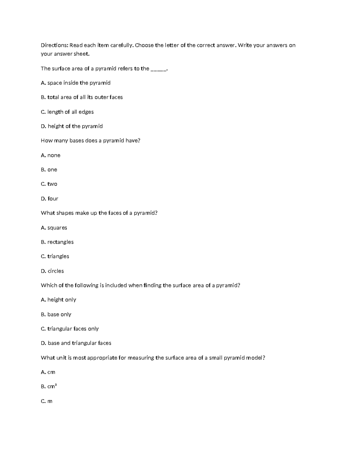Ev - Evaluation: Surface Area of Pyramids Quiz - Studocu
