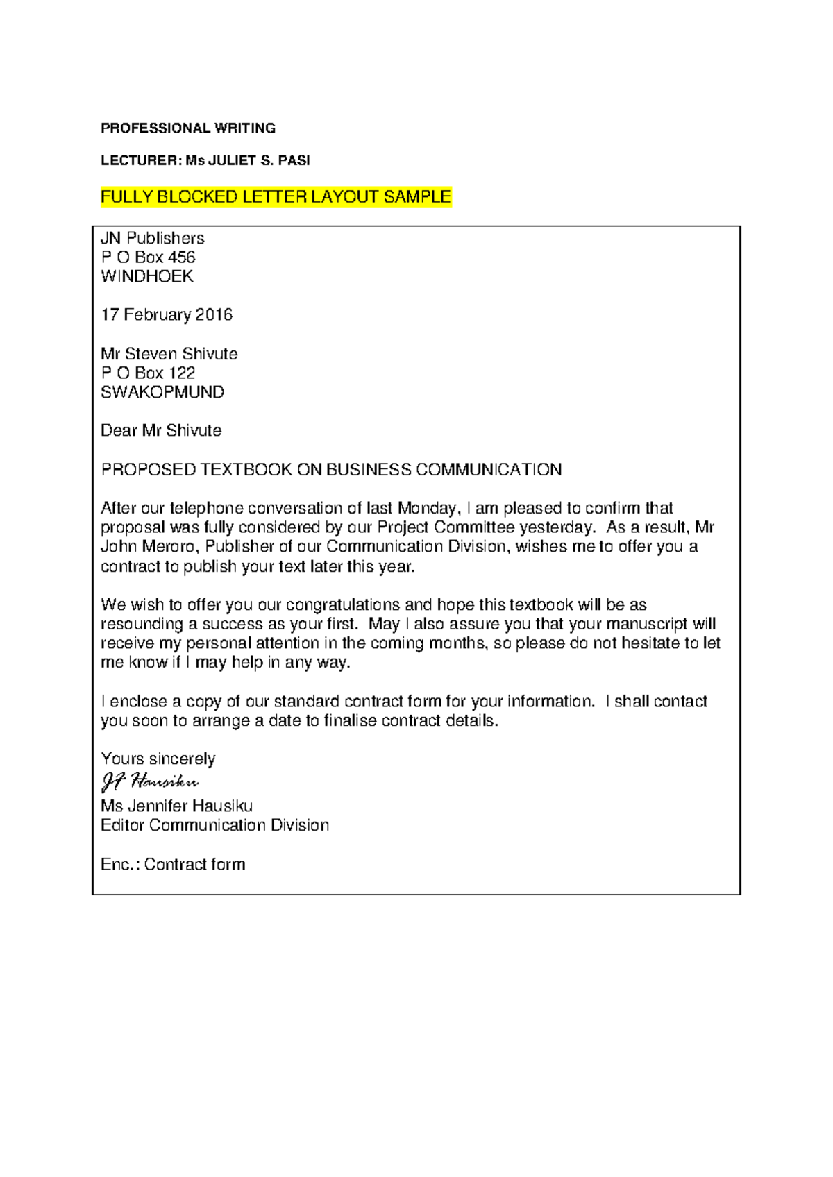 PWR611S Proposal Letter Sample for Business Communication - Studocu