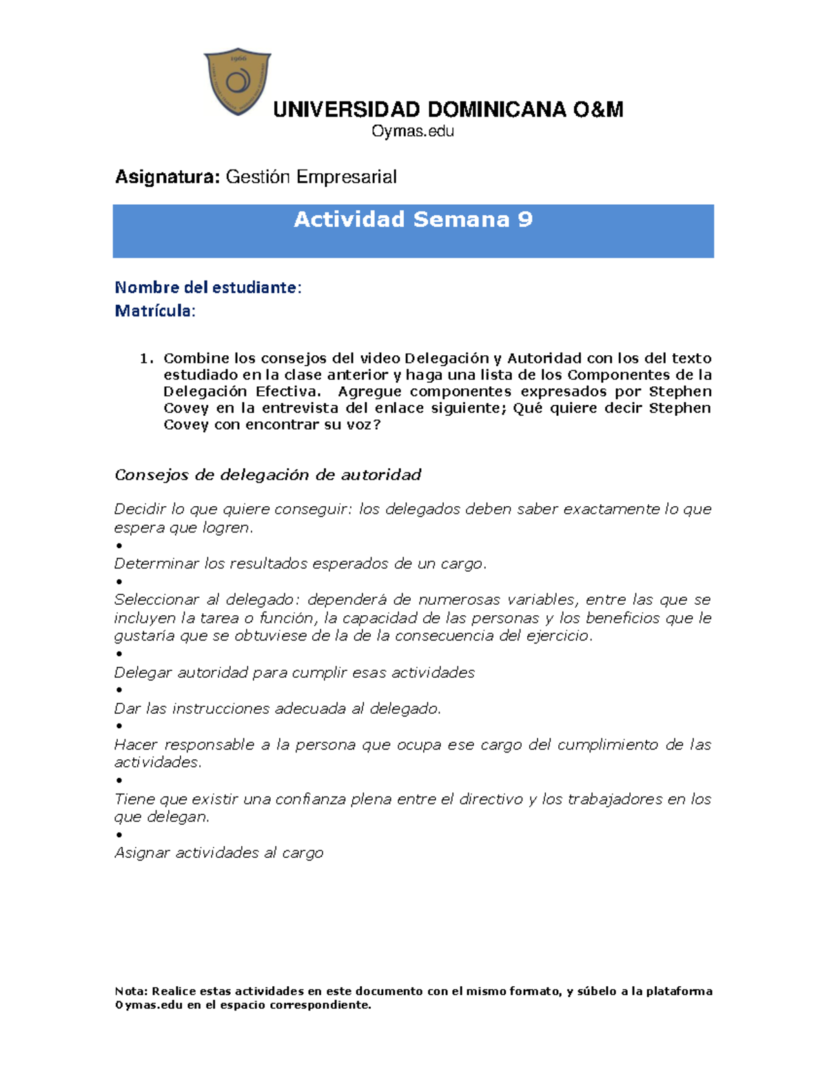 Actividad Semana 9: Delegación Efectiva - Gestión Empresarial 1 - Studocu