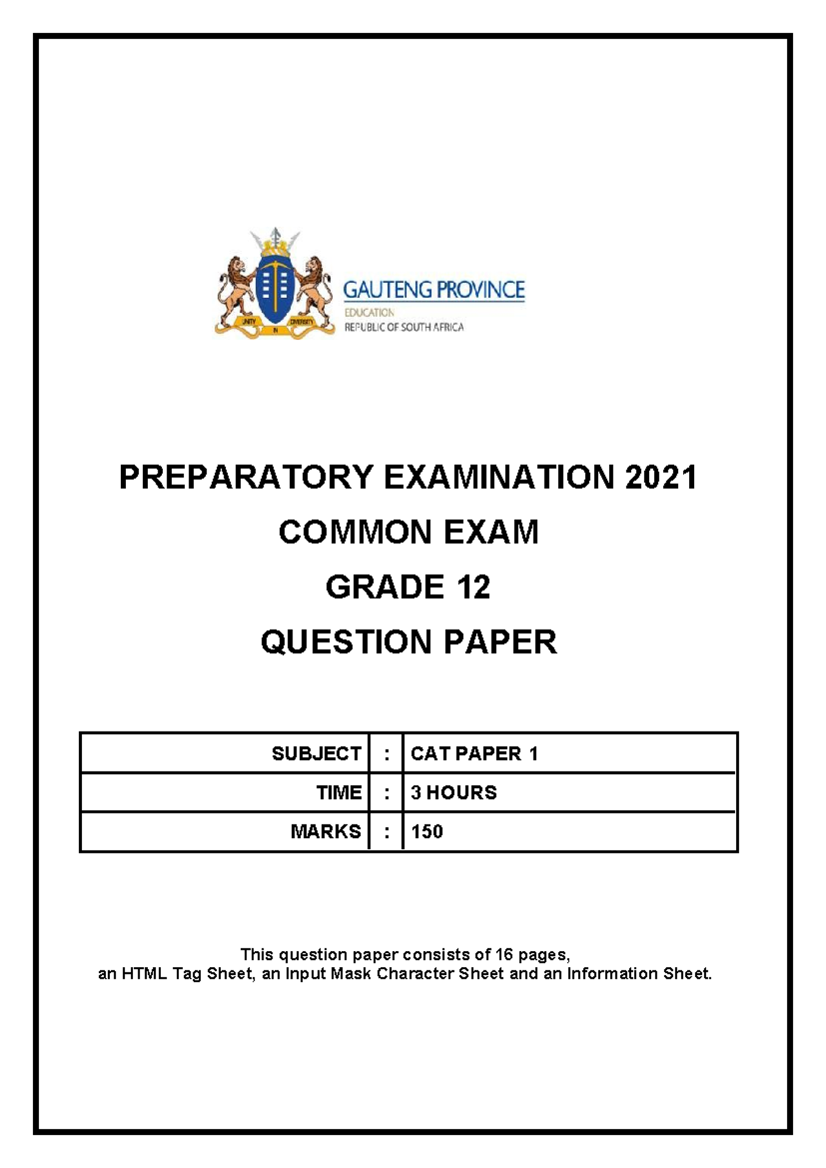 CATP1 2021 Preparatory Exam Question Paper for Grade 12 Computer Applications - Studocu