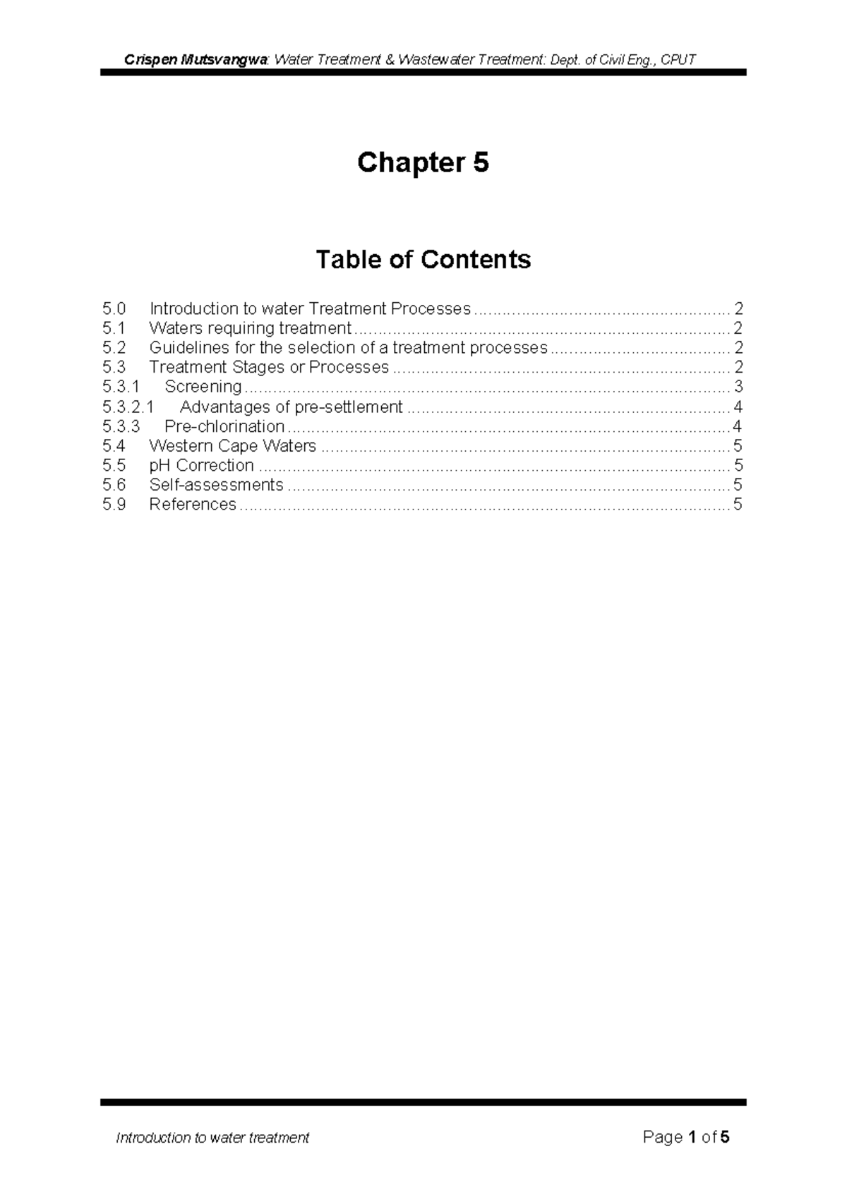 Chapter 5 Introduction to Water Treatment - Table of Contents Chapter 5 ...