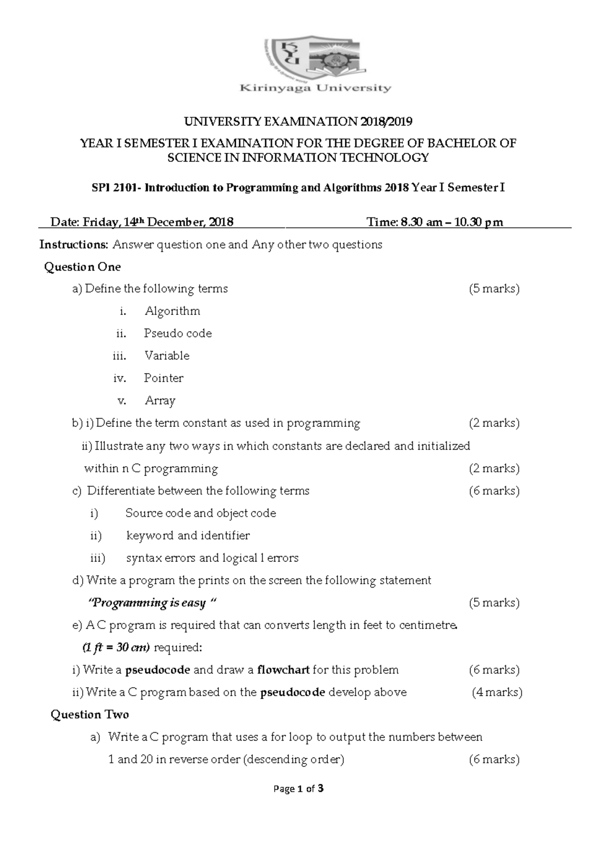 SPI 2101 - Introduction to Programming & Algorithms Exam 2018 - Studocu