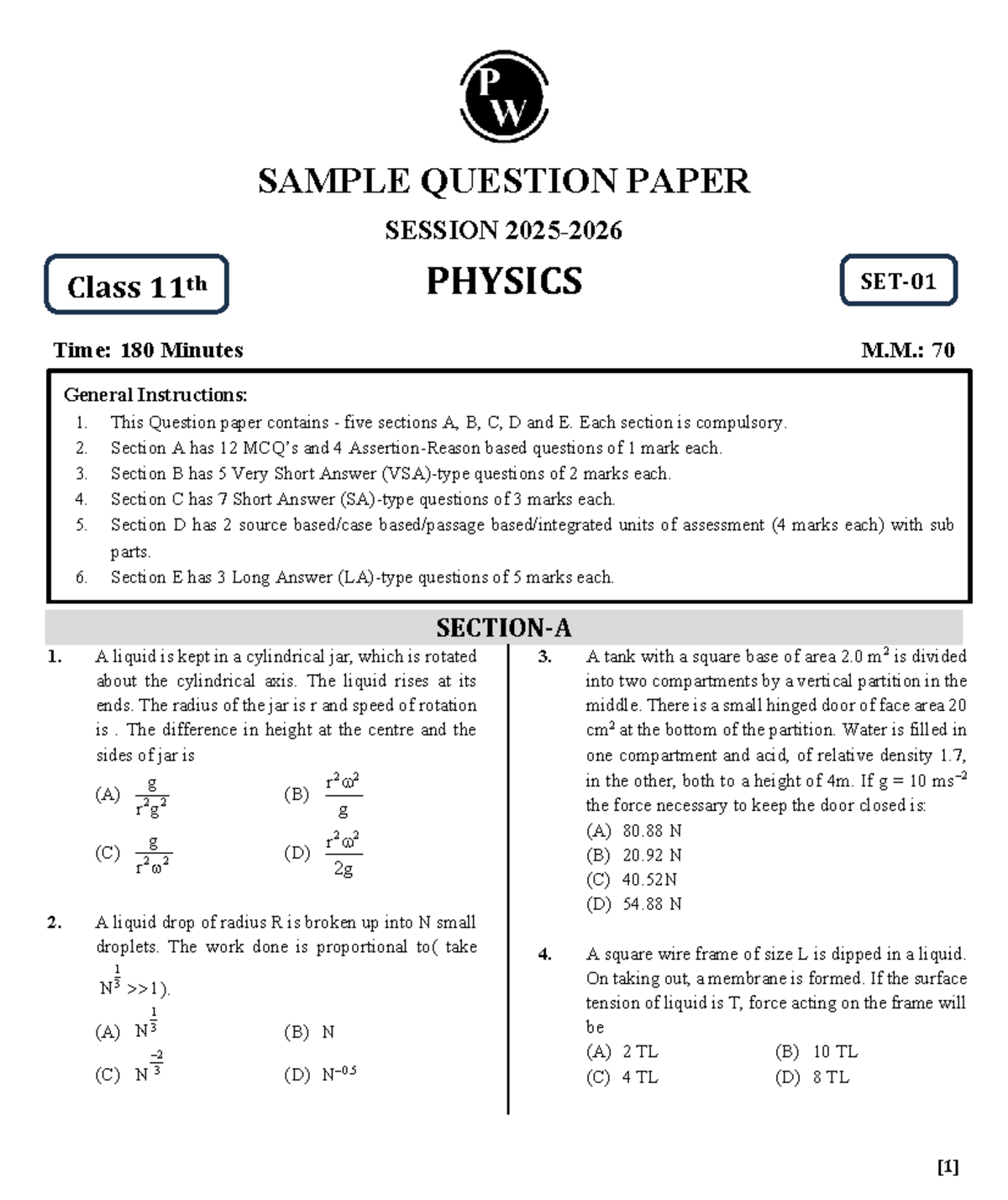 SAMPLE QUESTION PAPER PHYSICS Class 11th - 180 Min, M.M. 70 - Studocu