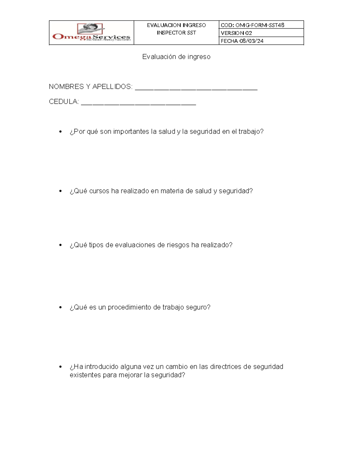 OMG-FORM-SST48 Evaluacion Ingreso SST - INSPECTOR SST VERSION 02 FECHA ...
