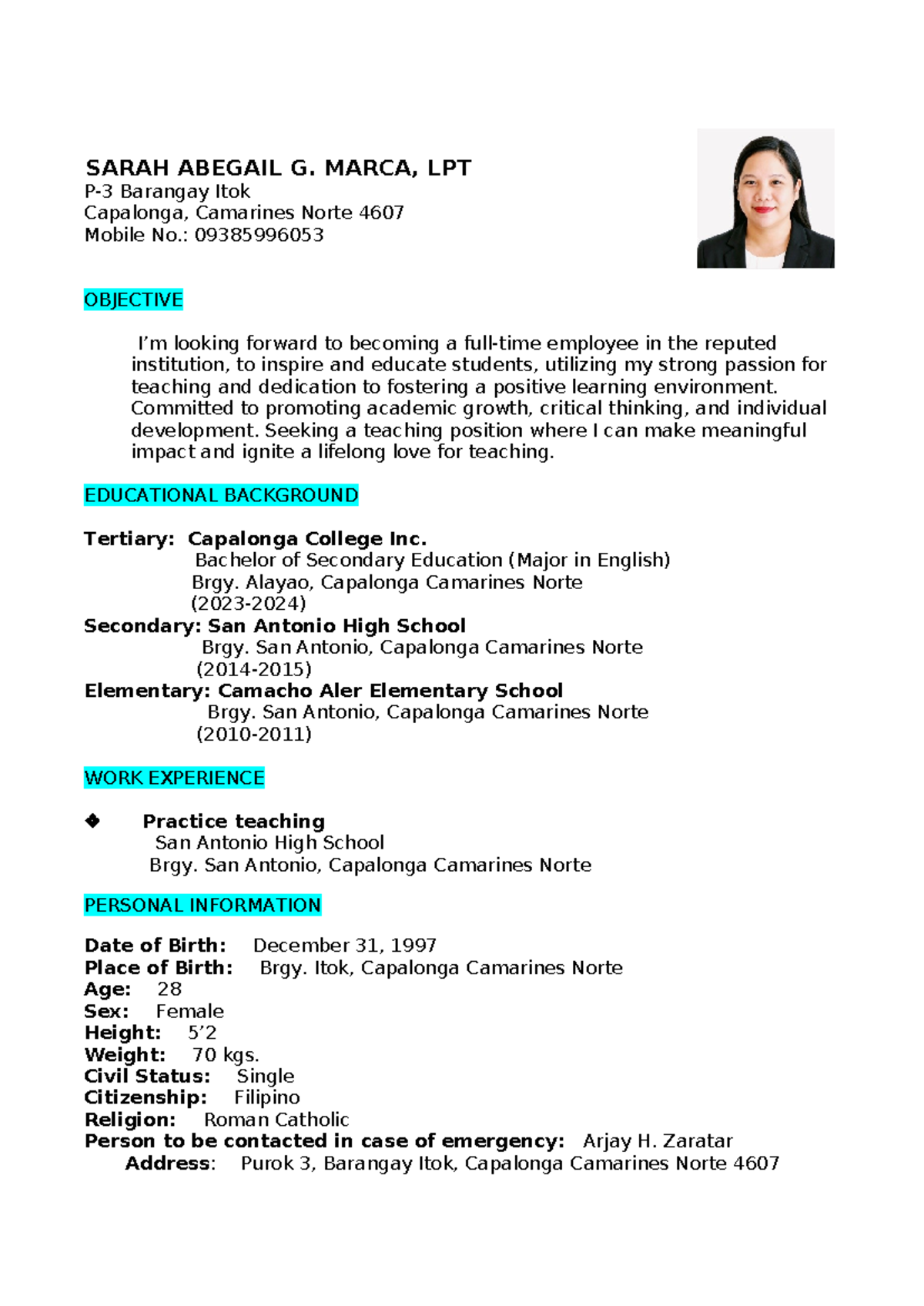 Resume of Sarah Abegail G. Marca, LPT - Teaching Position Application ...