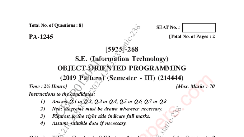 OOP (IT) Q.Paper 2022 - Notes for Semester 3 (2019 Pattern) - Studocu