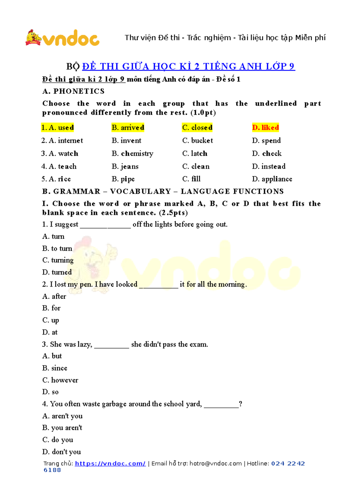Bo de thi giua hoc ky 2 mon tieng anh lop 9 co dap an - BỘ ĐỀ THI GIỮA HỌC KÌ 2 TIẾNG ANH LỚP 9 ...