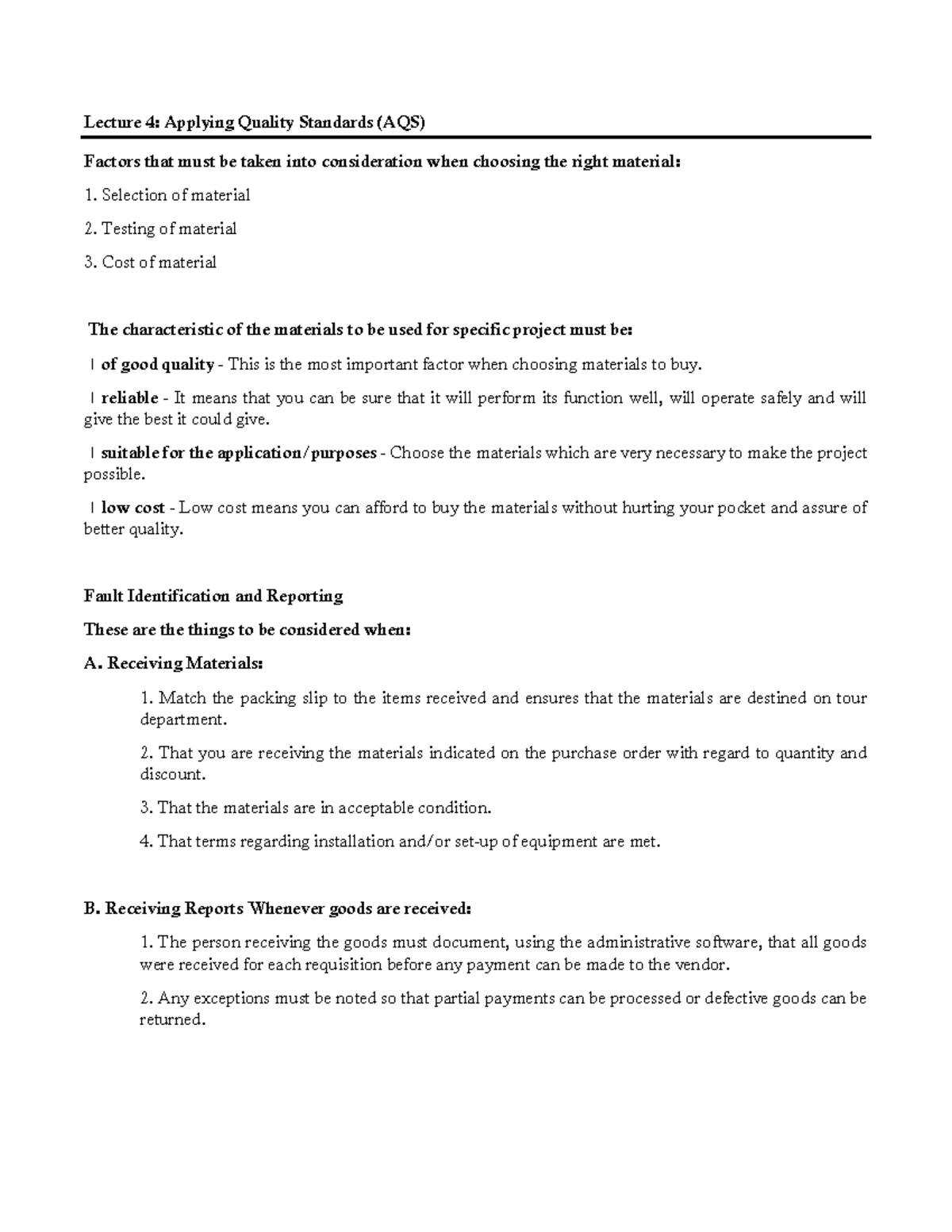 Lecture 4: Applying Quality Standards (AQS) and Procedures - Studocu