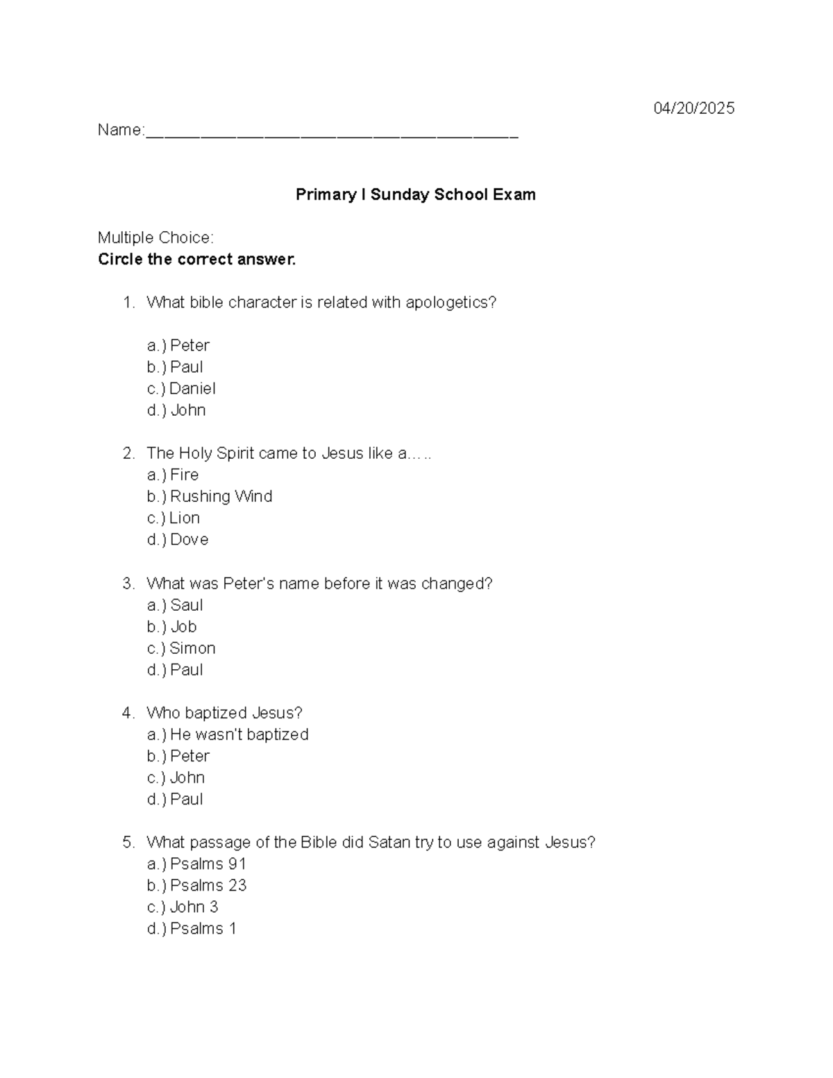 Sunday School Exam: Primary I Multiple Choice & True/False Questions ...