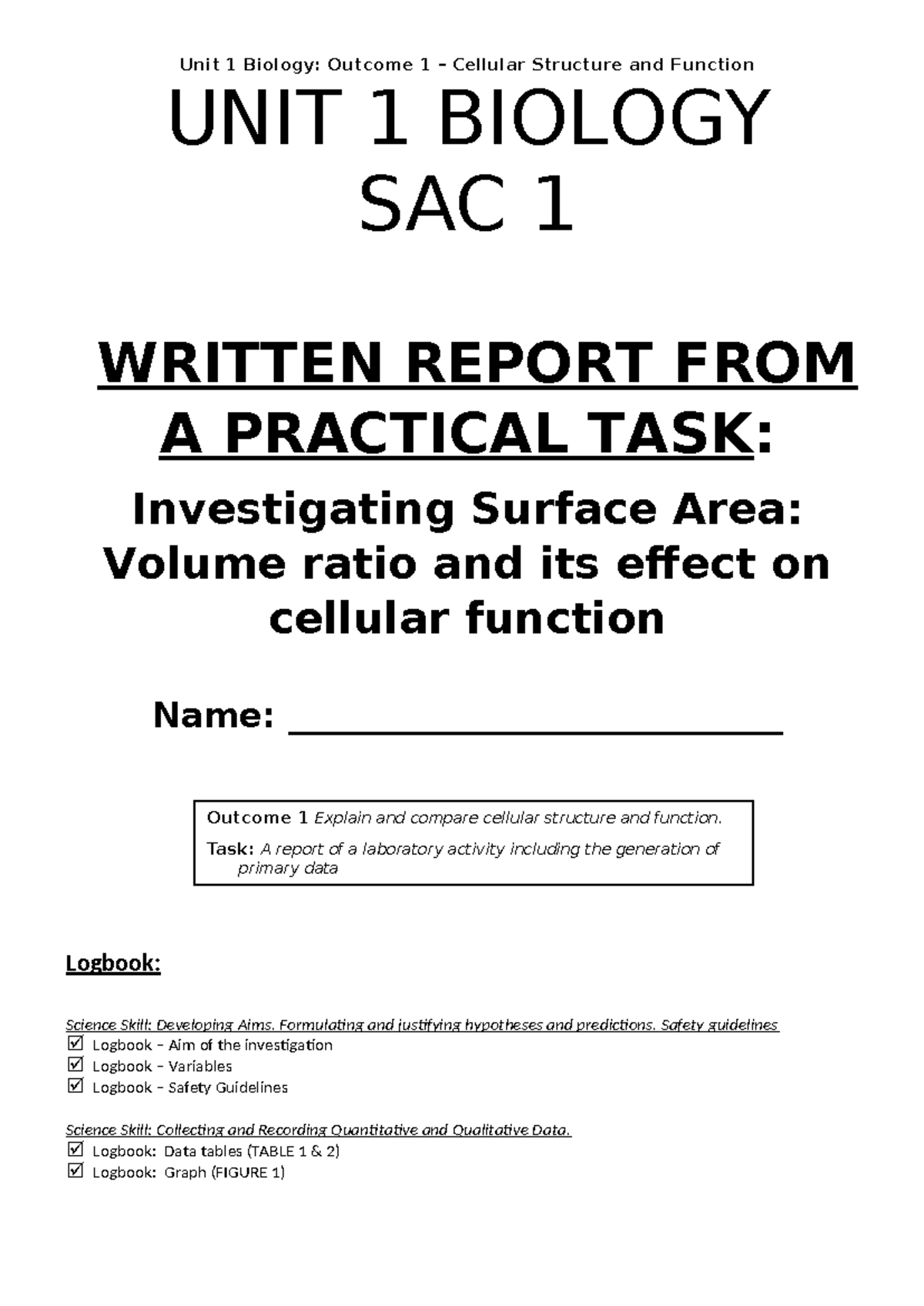 Unit 1 Biology SAC 1 Written Report: Cellular Structure & Function ...