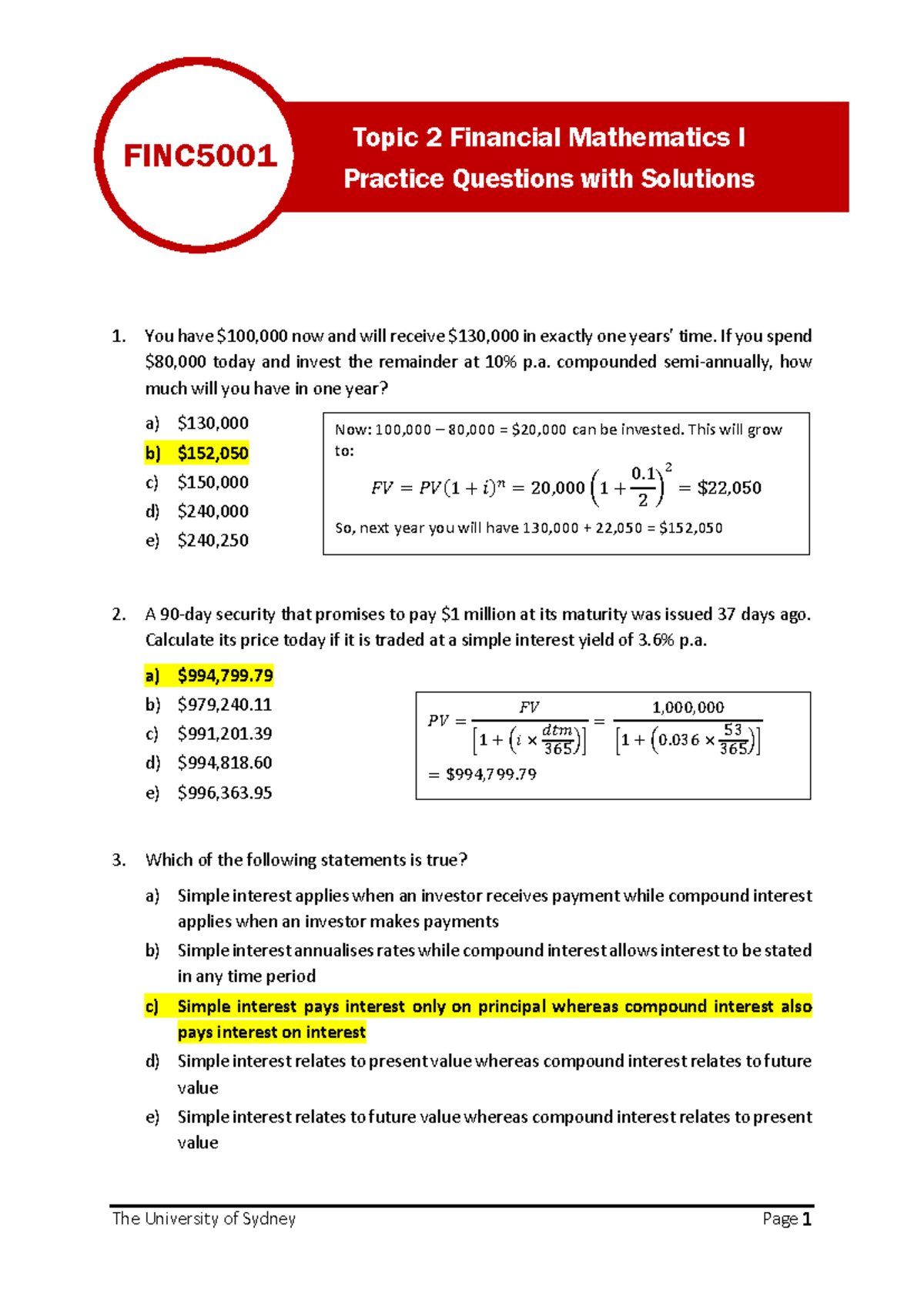 Topic 2 FINC Practice Questions & Solutions for Financial Mathematics I ...