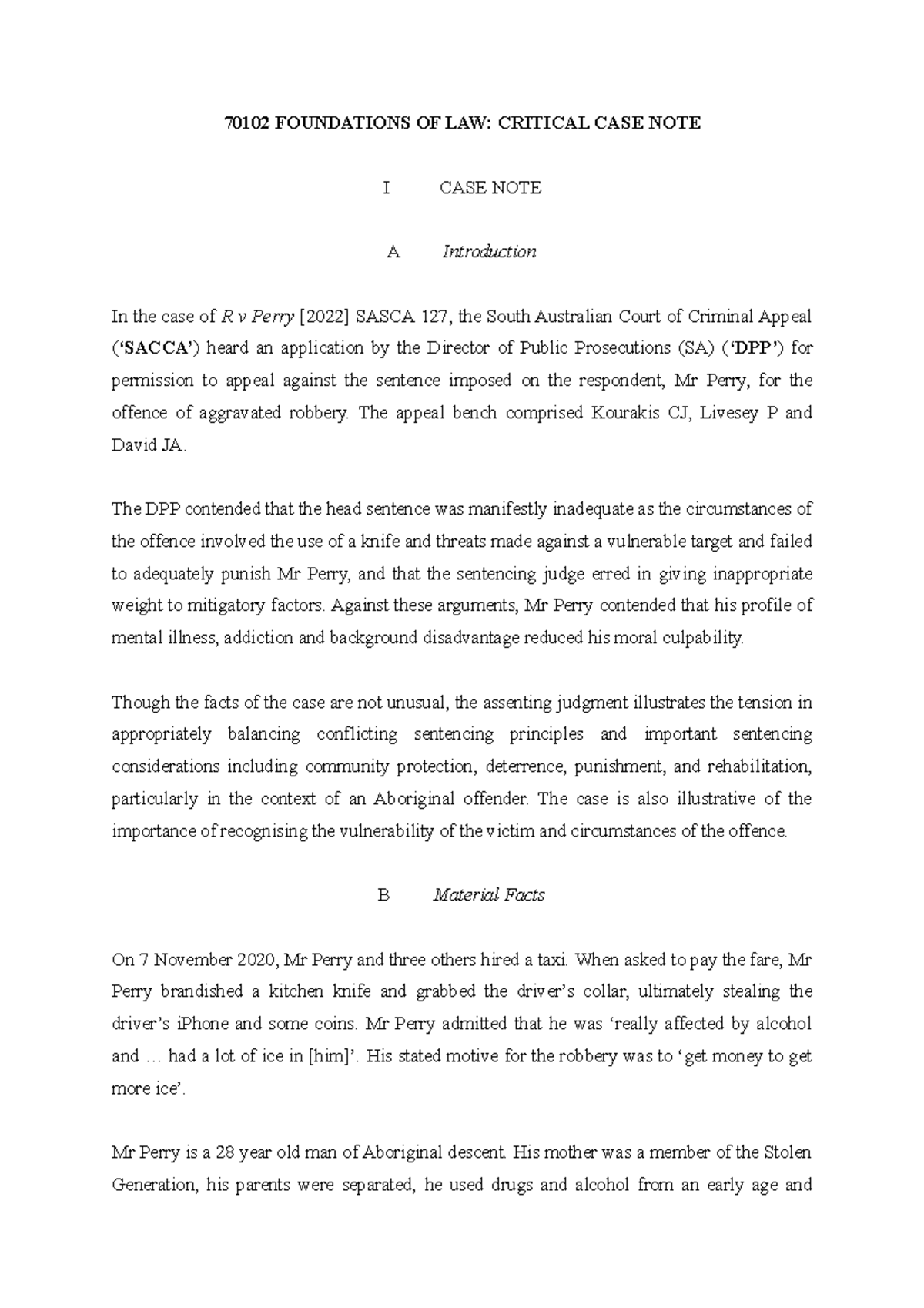 Assignment 1 Case Note - 70102 FOUNDATIONS OF LAW: CRITICAL CASE NOTE I ...