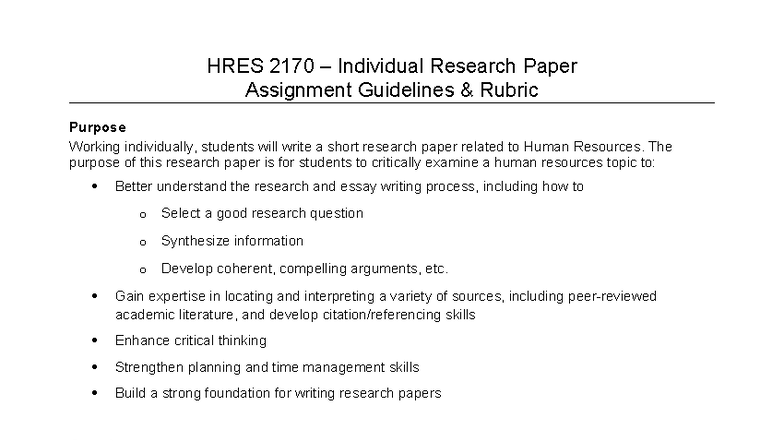 HRES 2170 Individual Research Paper Assignment Guidelines and Rubric ...