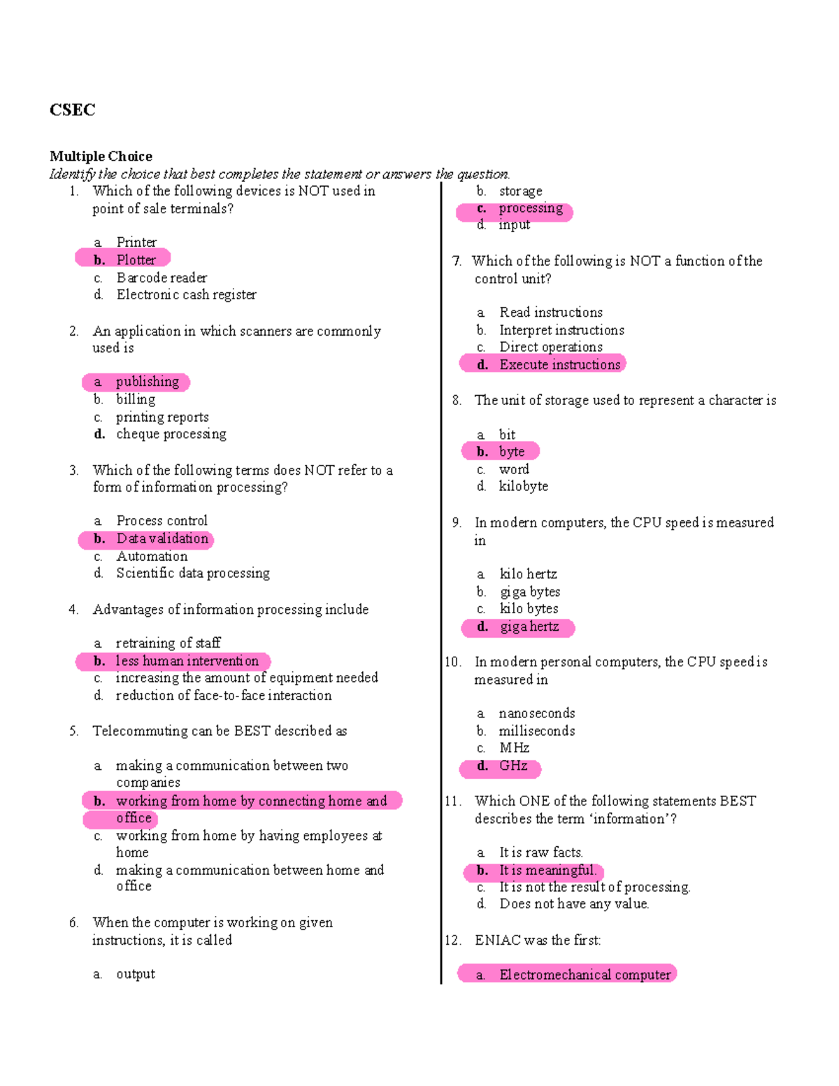 CSEC IT Paper 1 Quiz Questions 1-166 Summary and Answers - Studocu