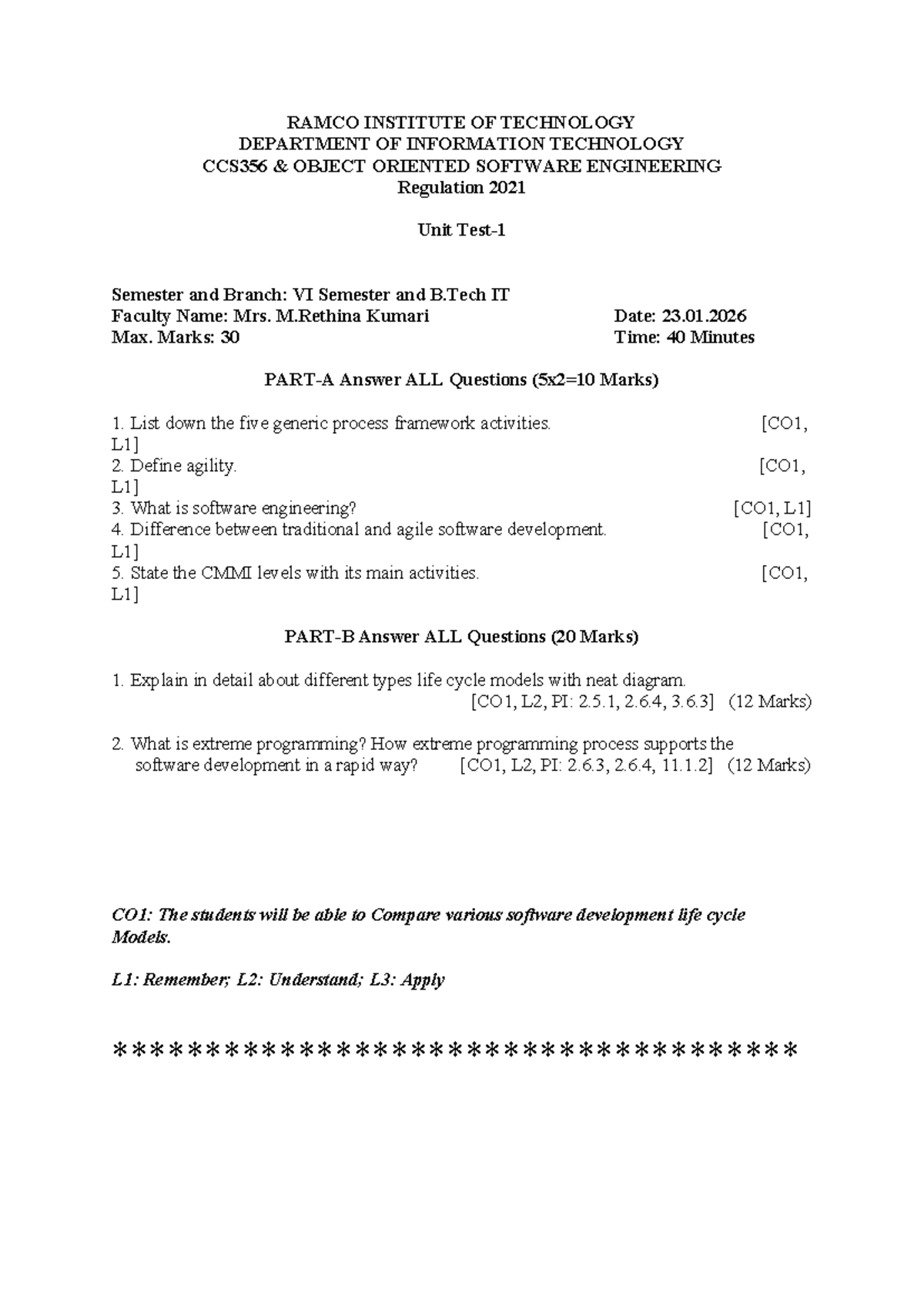 CCS356 Unit Test 1: Object Oriented Software Engineering - Studocu