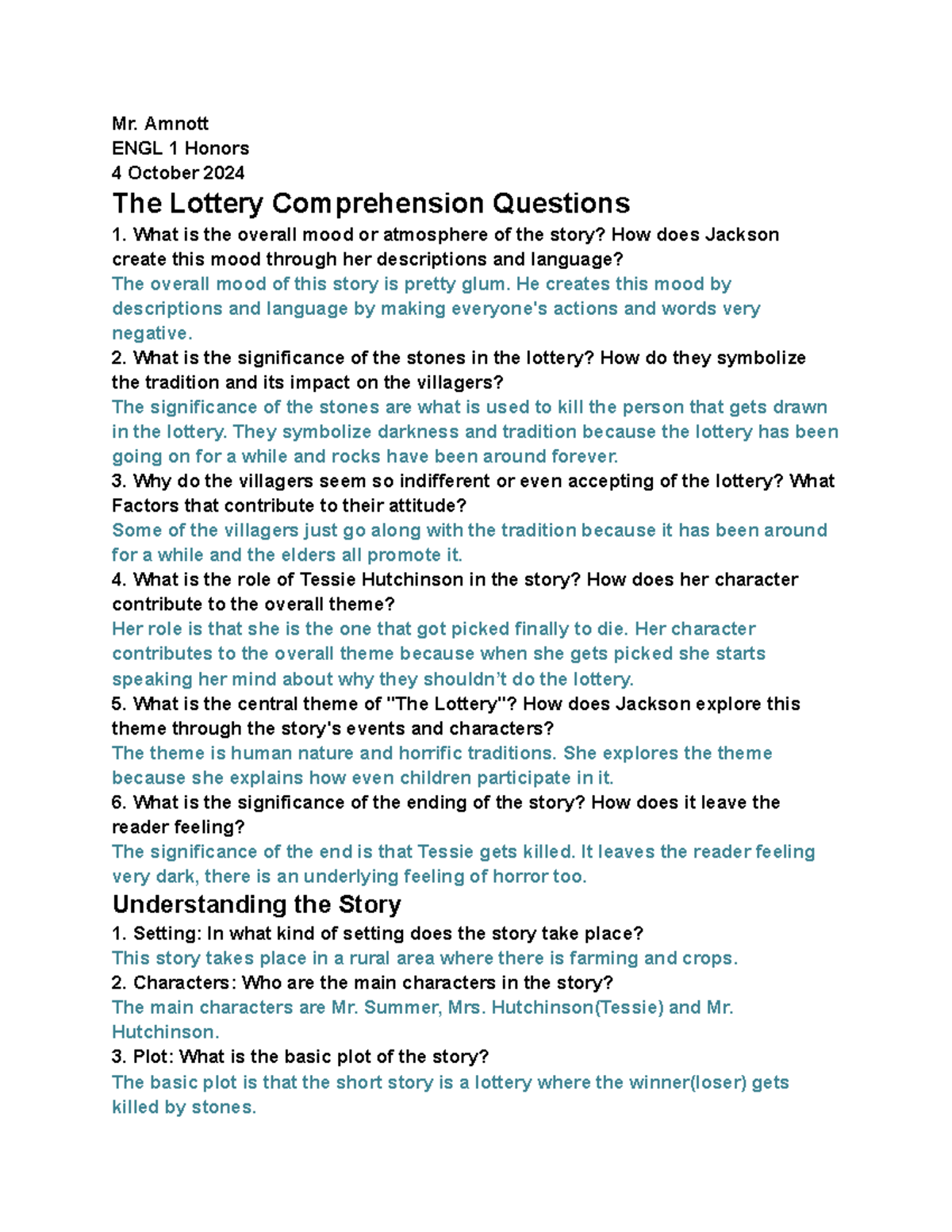ENGL 1 Honors: Comprehension Questions on "The Lottery" - Studocu