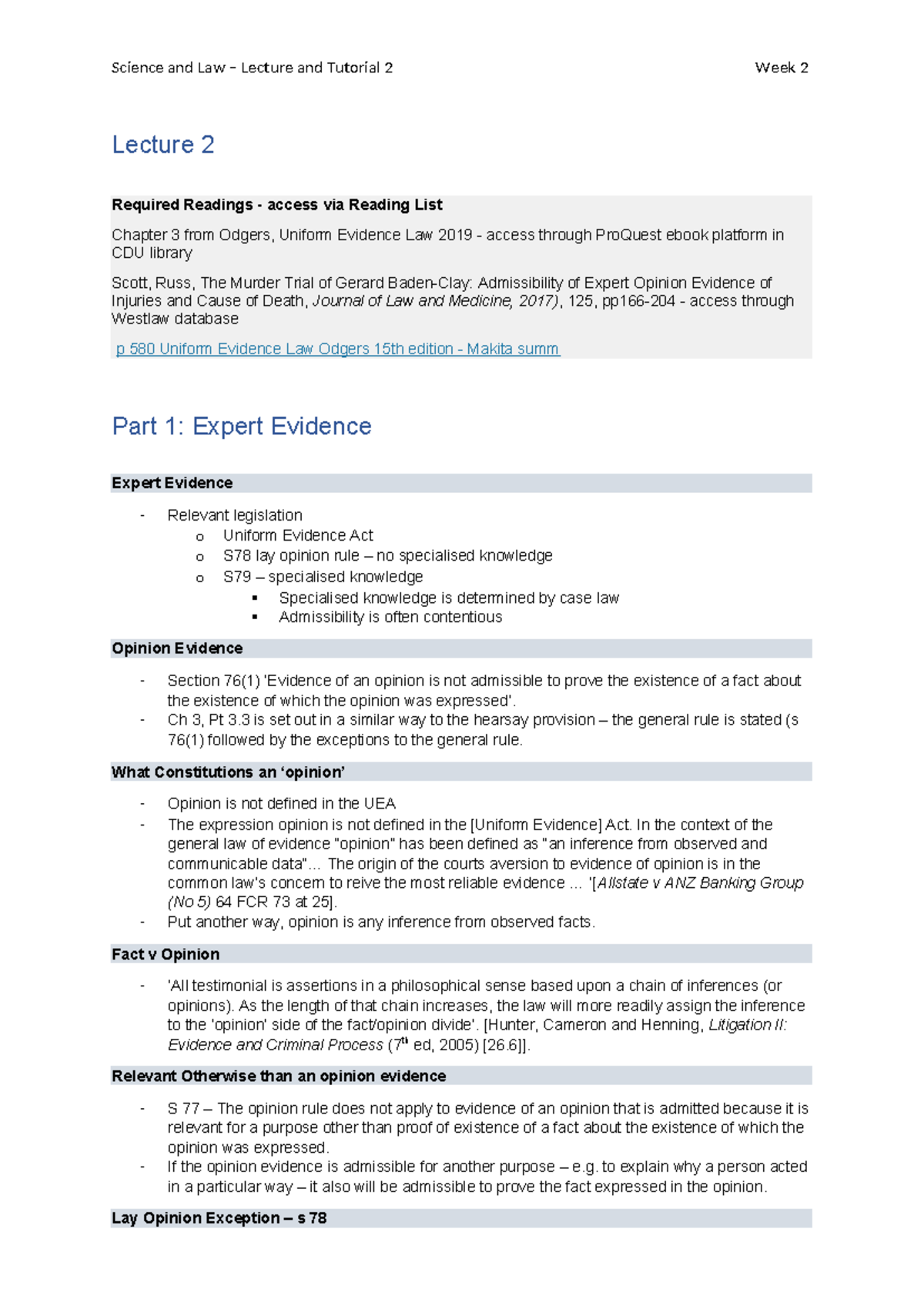 Science and Law - Lecture & Tutorial 2: Expert Evidence Insights - Studocu