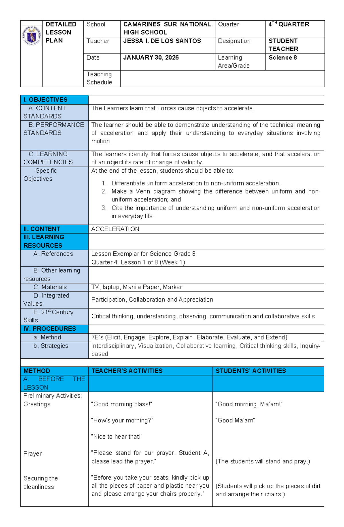 DLP: Science 8 Lesson Plan on Acceleration - 4th Quarter Day 5 - Studocu