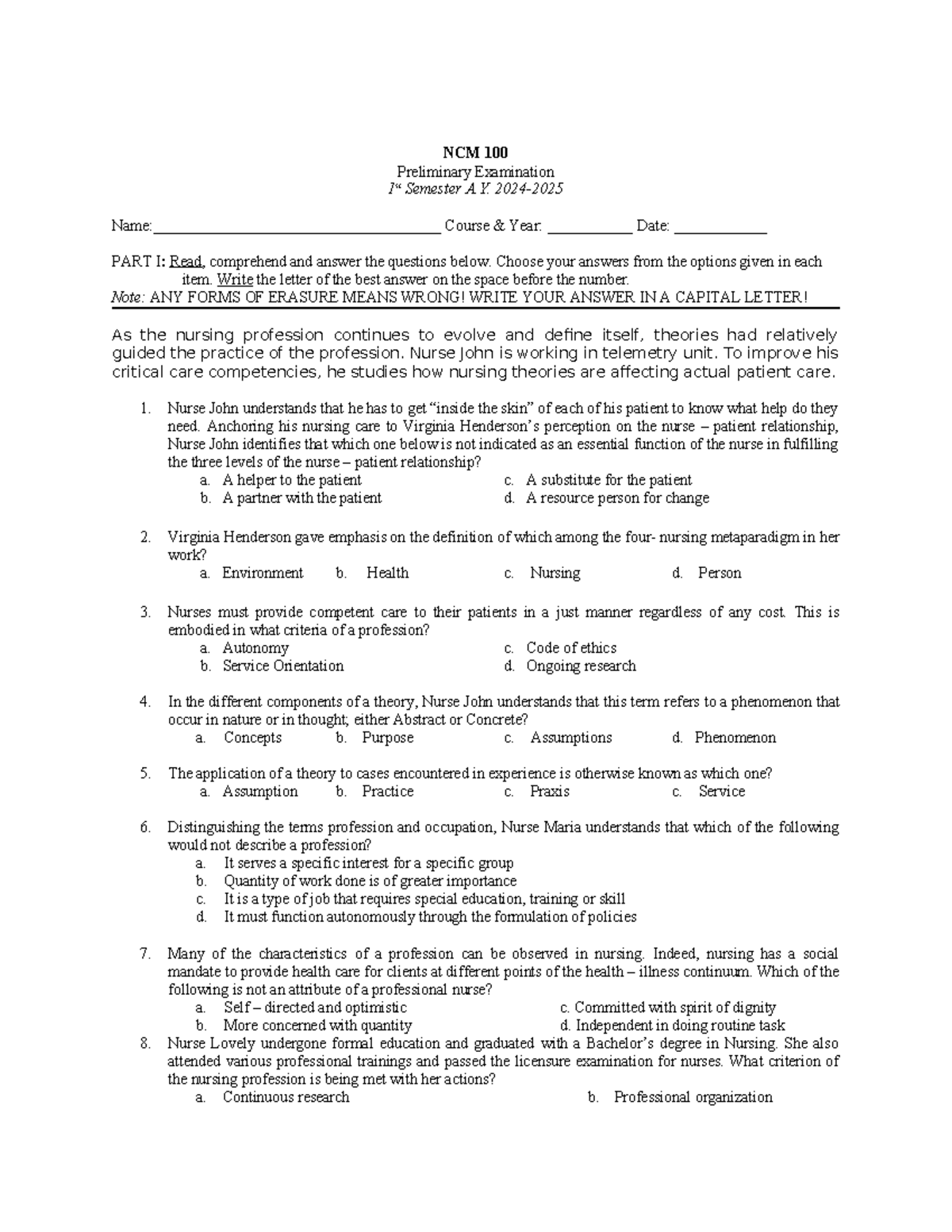 TFN P2024 - Simple Test questions and essay - NCM 100 Preliminary ...