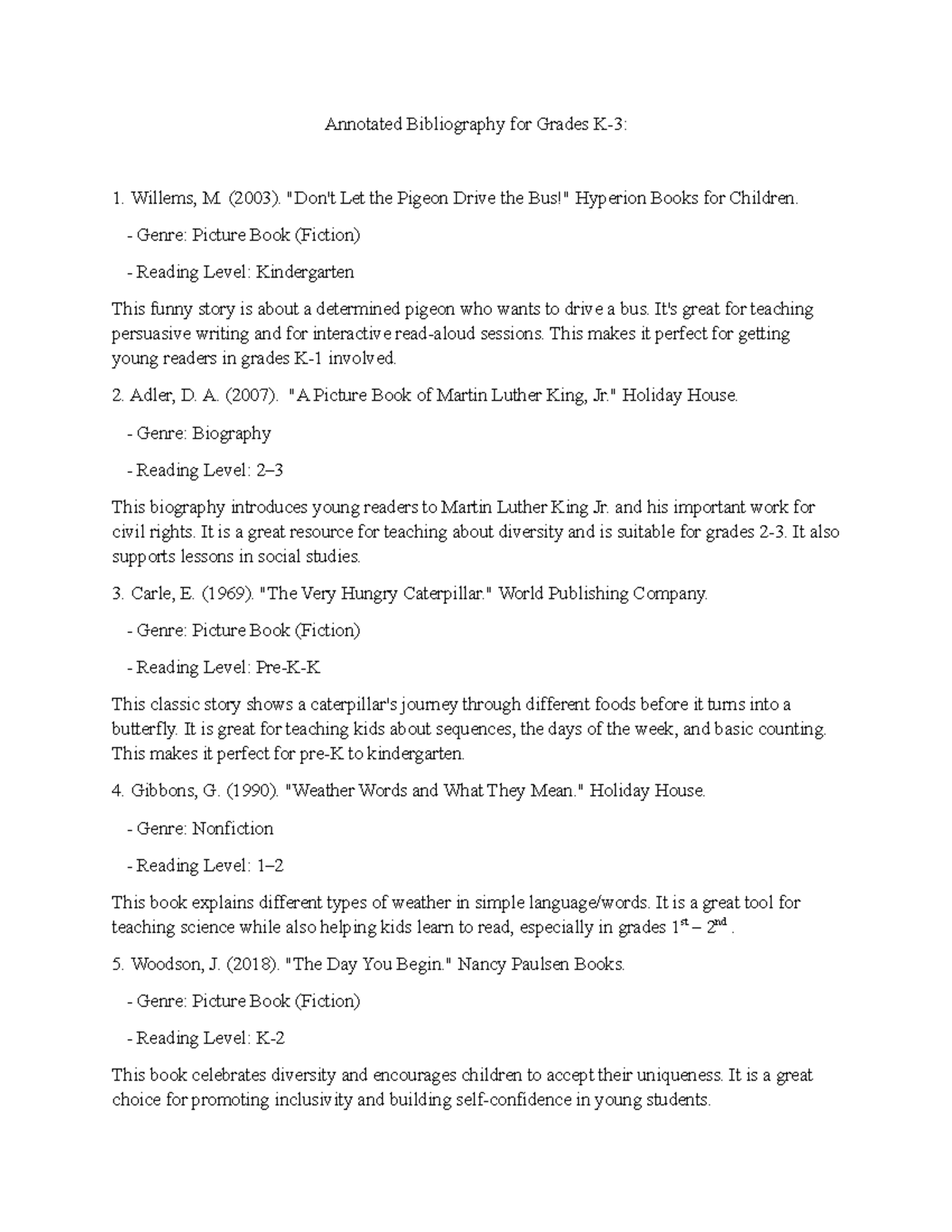 Annotated Bibliography for Grades K-3 - Annotated Bibliography for ...