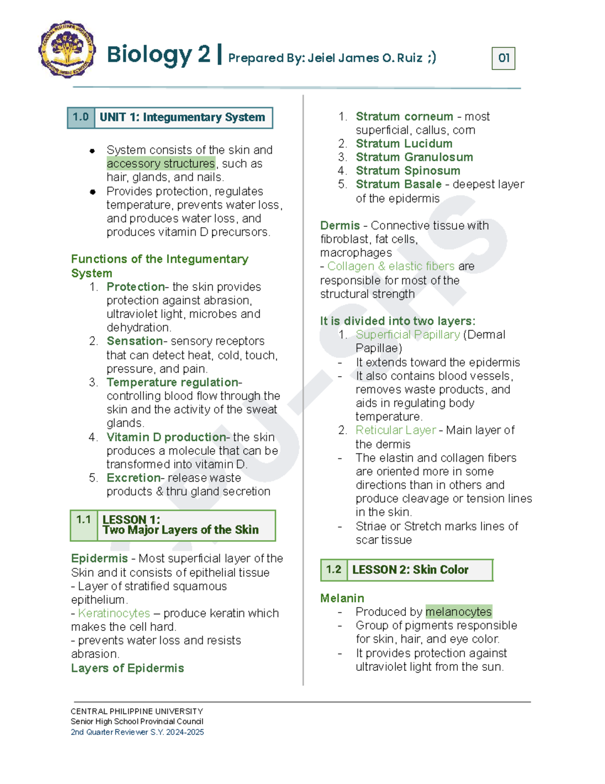 Biology 2 S.Y. 2023: Integumentary & Skeletal Systems Review - Studocu