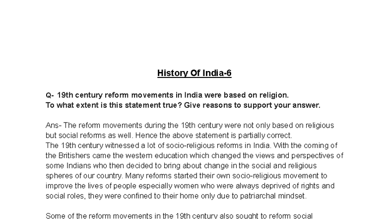 HOI Assignment - 19th Century Reform Movements in India - Studocu