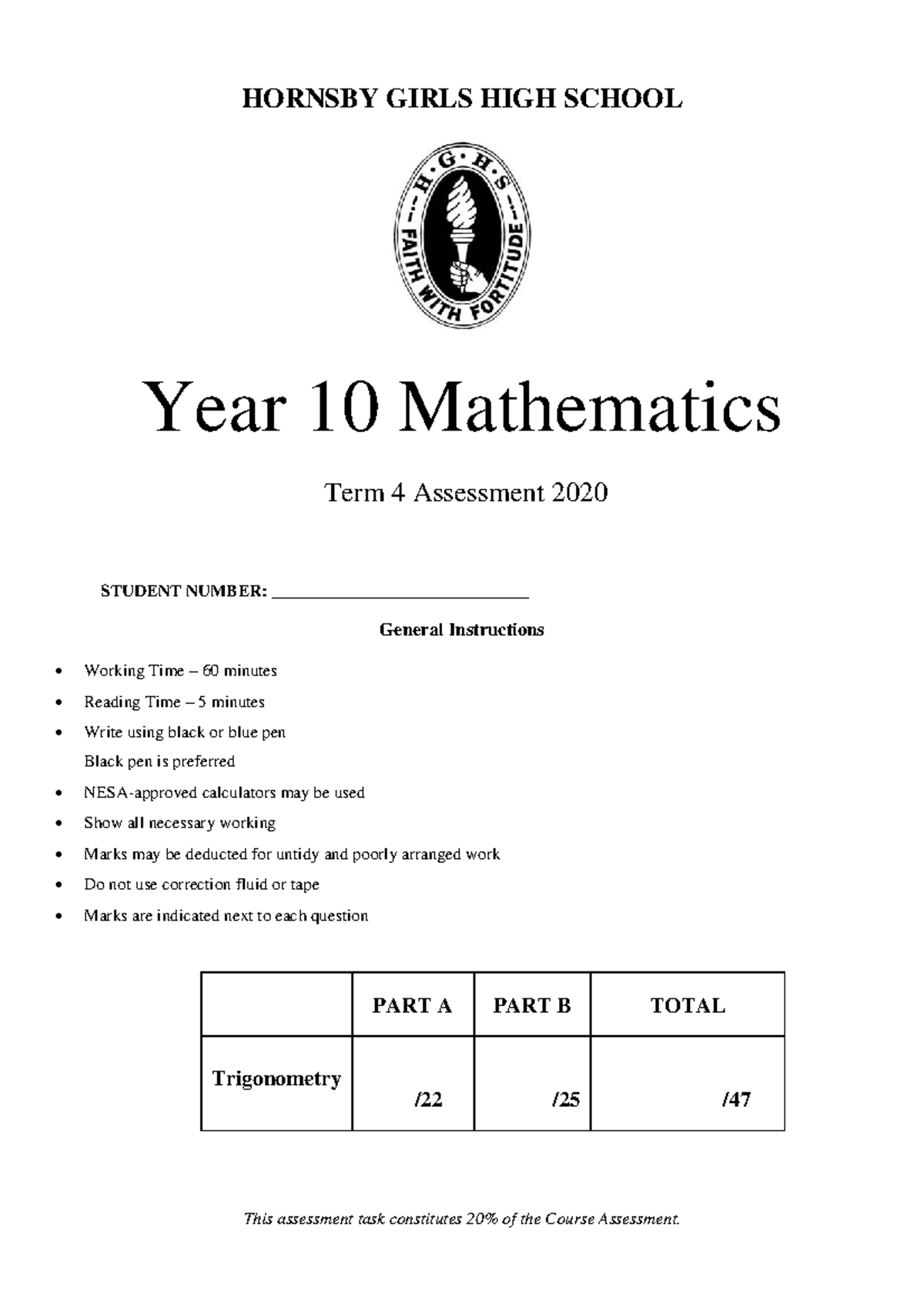 Year 10 Mathematics Term 4 Assessment 2020 - Trigonometry Focus - Studocu