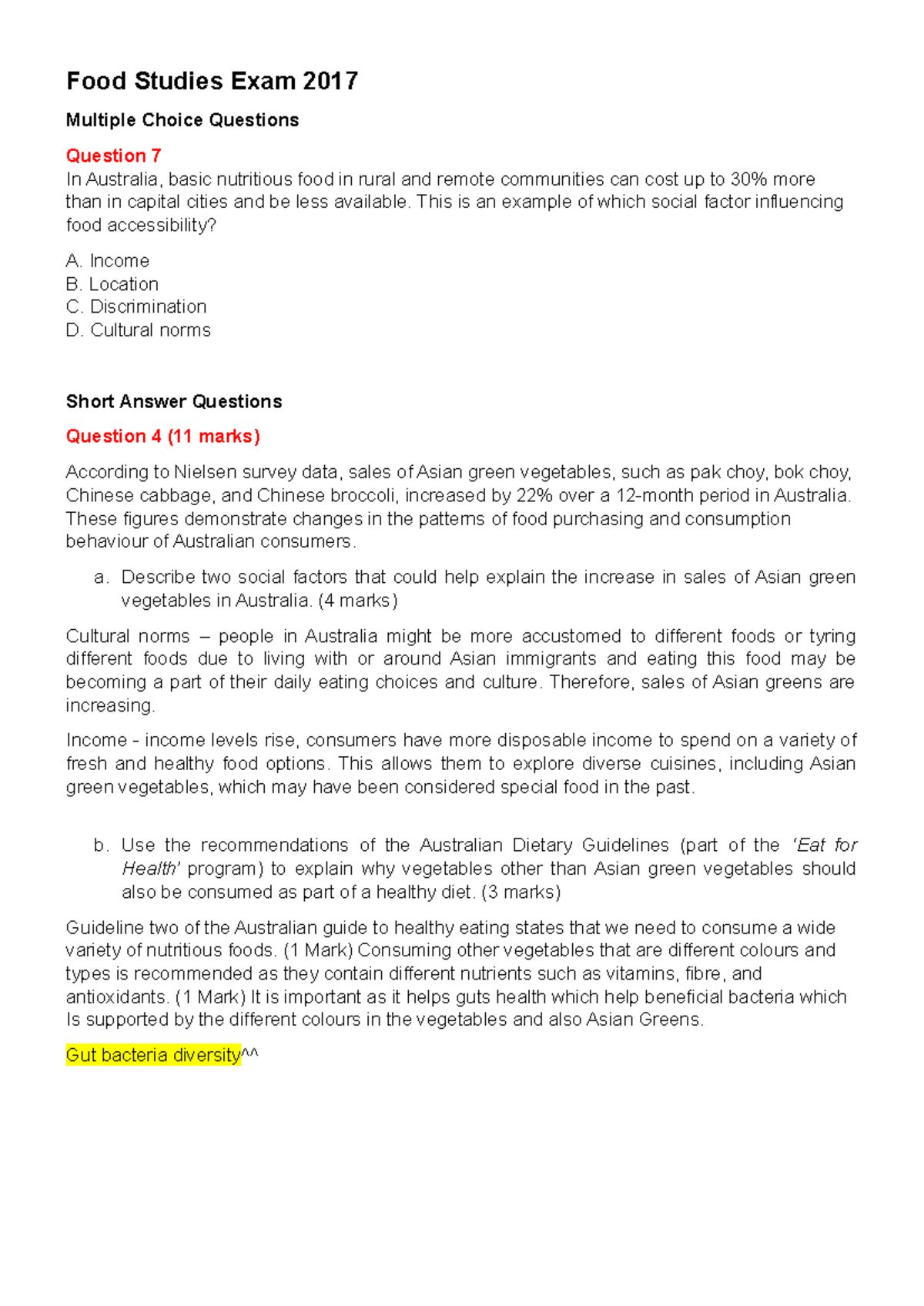 Food Studies Exam 2025: MCQs & Short Answers on Nutrition Factors - Studocu