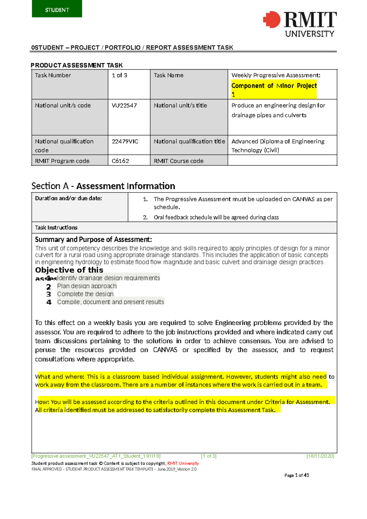 Progressive Assessment VU22547 Task 1: Engineering Design for Drainage ...