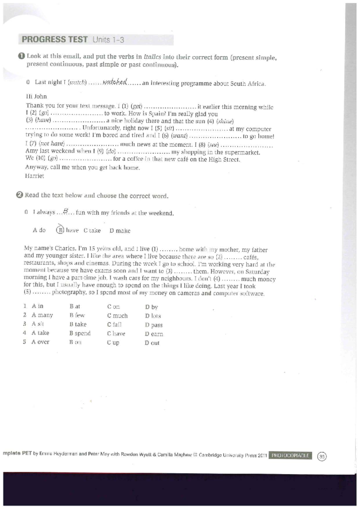 PROGRESS TEST Units 1-3: Grammar and Vocabulary Exercises - Studocu