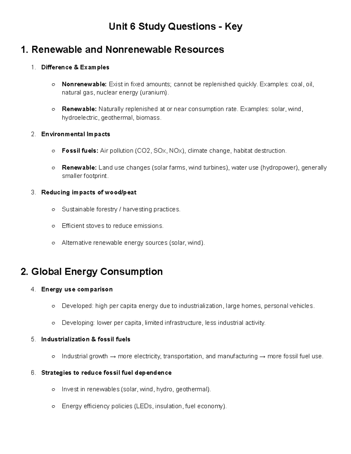 Unit 6 Study Questions Key: Renewable vs Nonrenewable Resources - Studocu