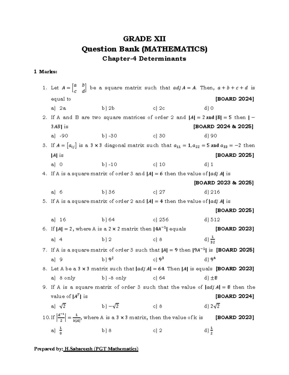 GRADE XII Mathematics Question Bank: Chapter 4 - Determinants - Studocu