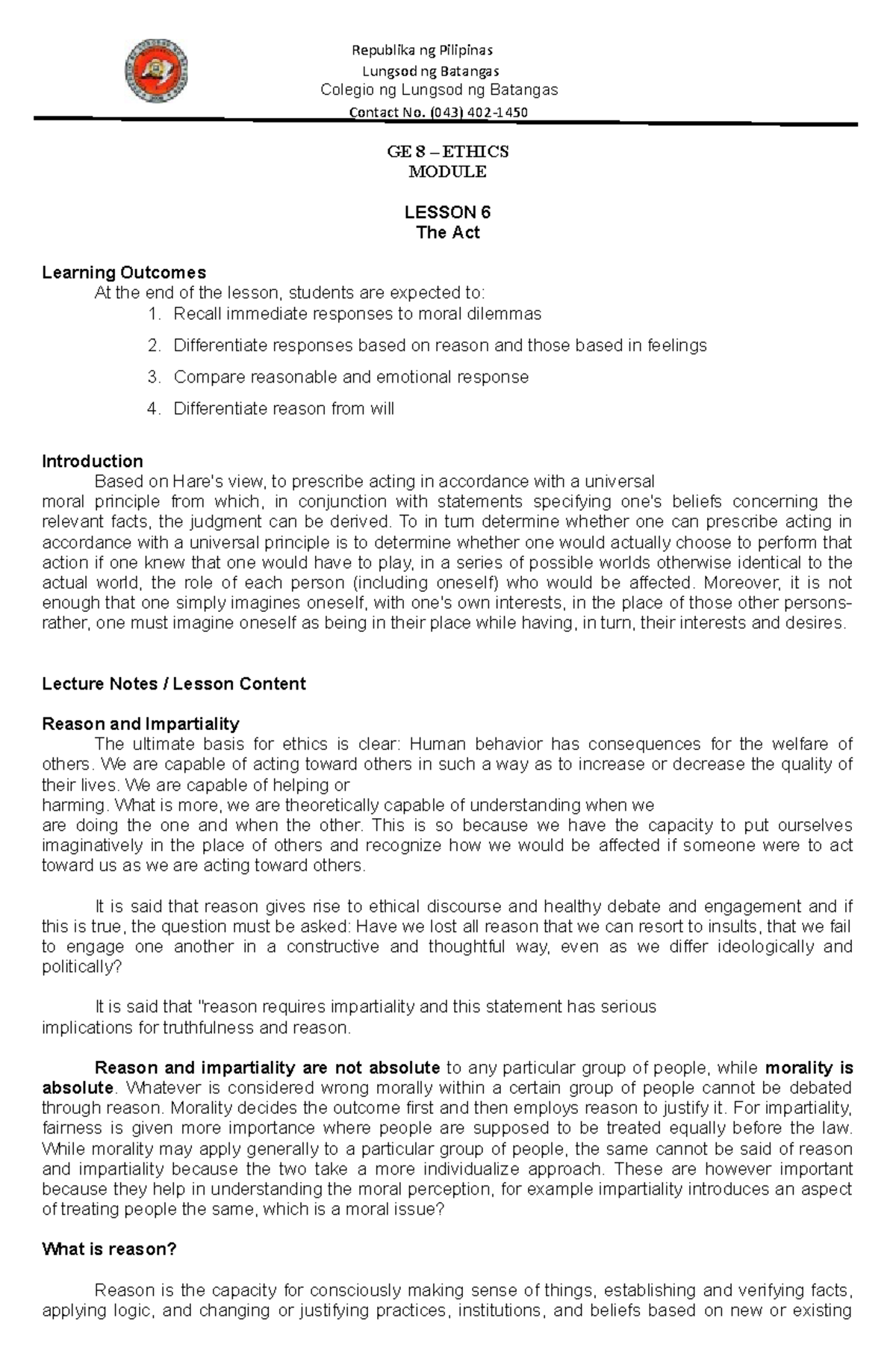 GE 8 Ethics Module - Lesson 6: Universal Moral Principles & Reasoning ...