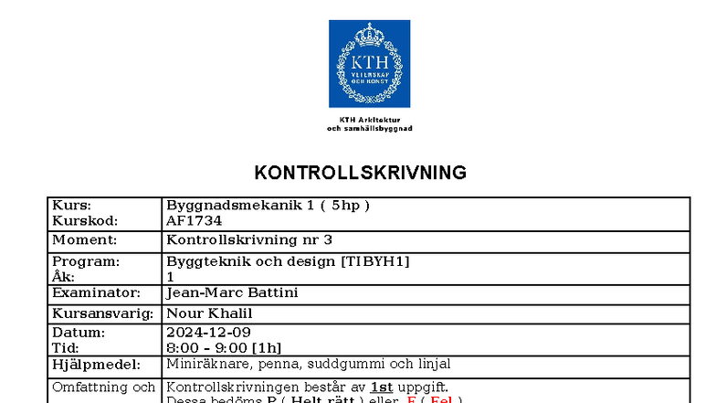 Kontrollskrivning AF1734: Ggnadsmekanik 1 (5hp) - KS 2024 Utan Facit ...