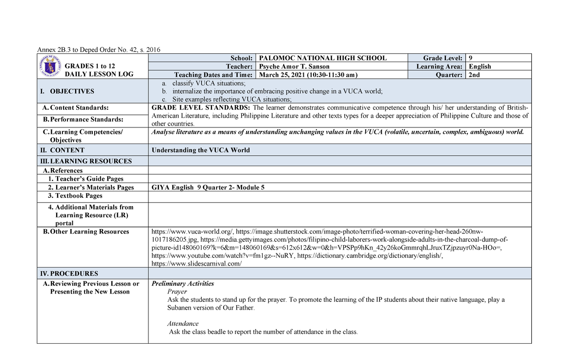 501991347 Understanding the VUCA world Introduction Lesson Plan - Annex ...