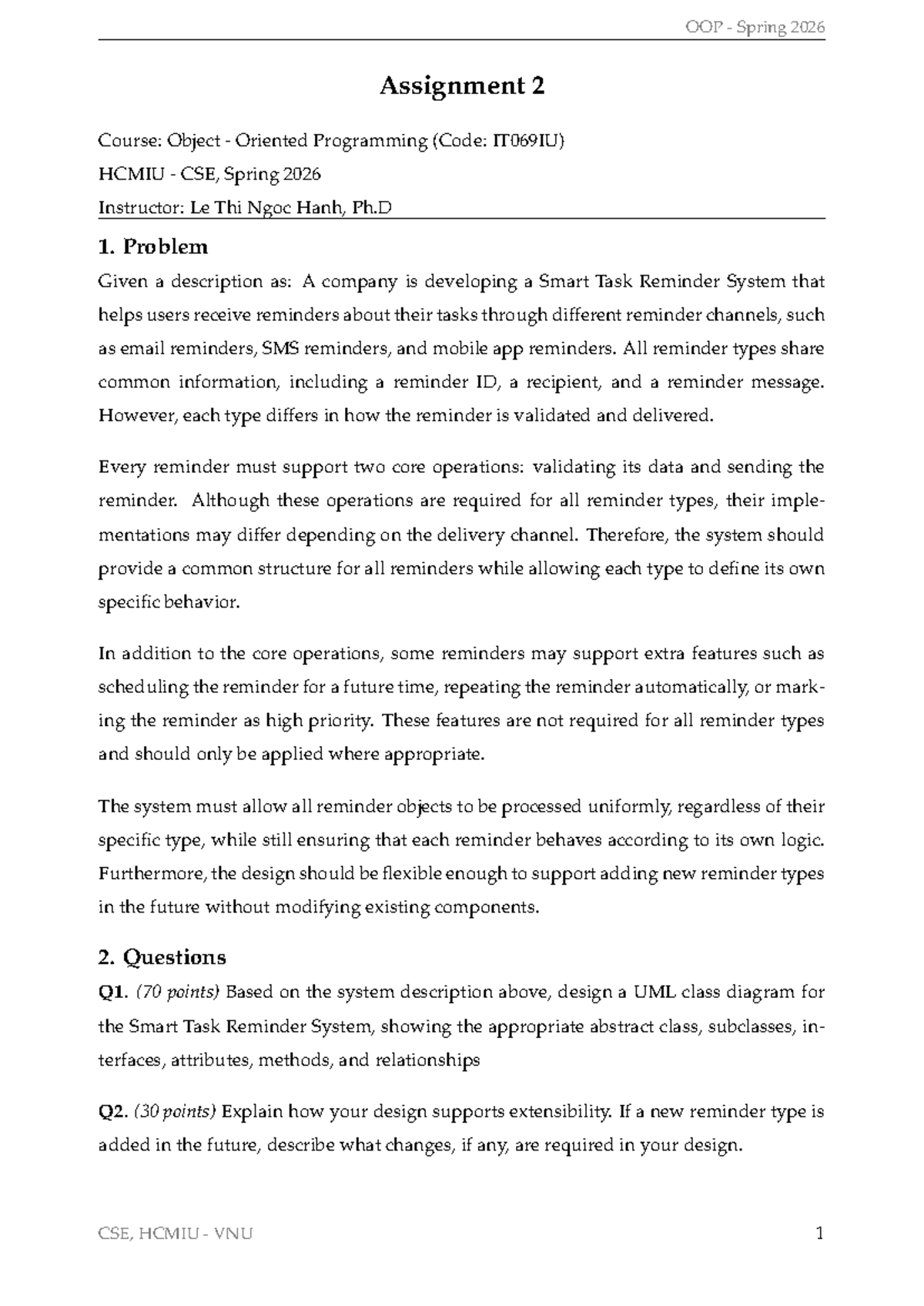 OOP Spring 2026 Assignment 2: Smart Task Reminder System Design ...