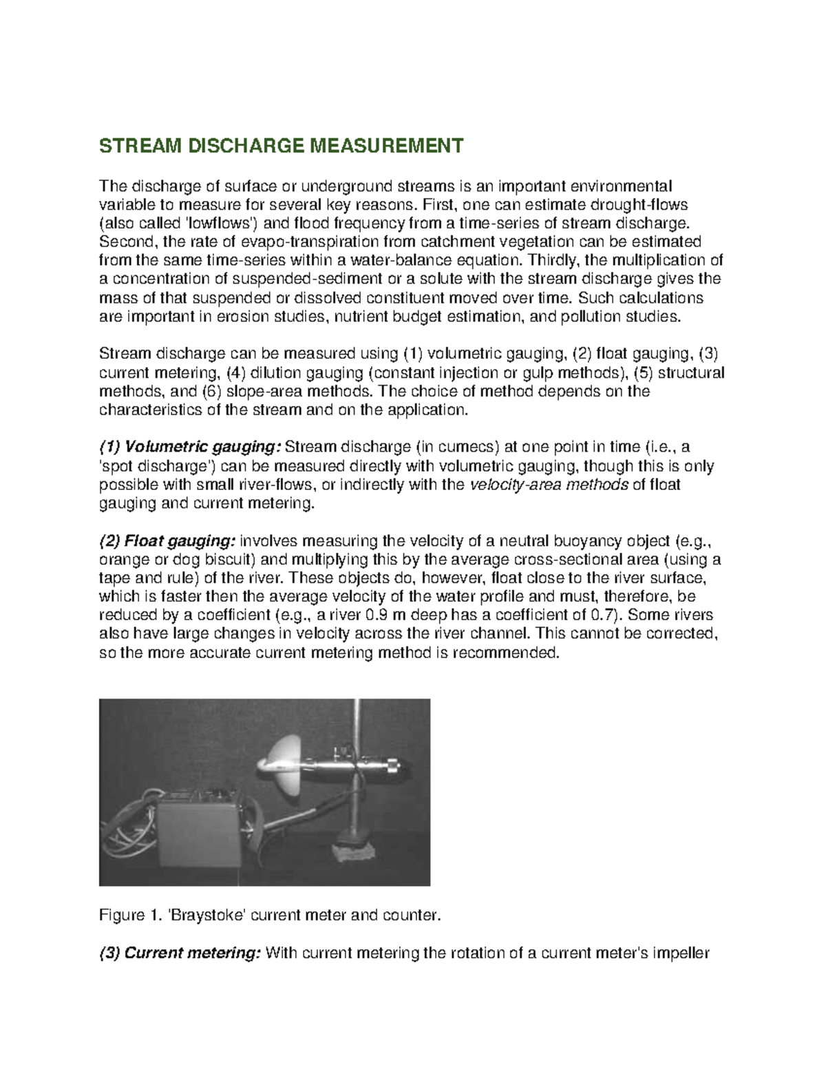 Stream Discharge Measurement 01: Methods and Applications - Studocu