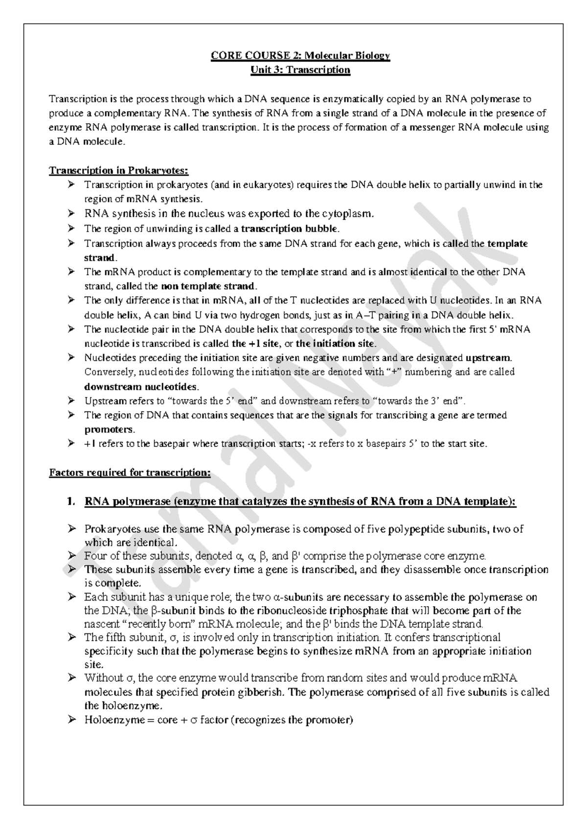 CORE COURSE 2: Molecular Biology Unit 2 - Transcription Overview - Studocu