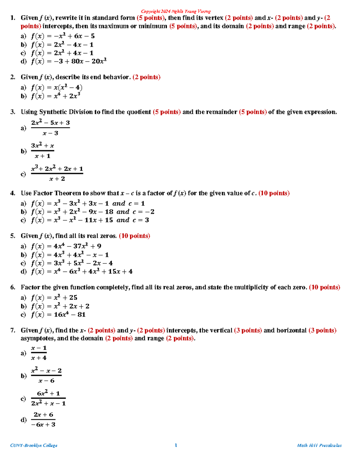 Math 1011 Precalculus Final Exam Review: Functions, Intercepts, and ...