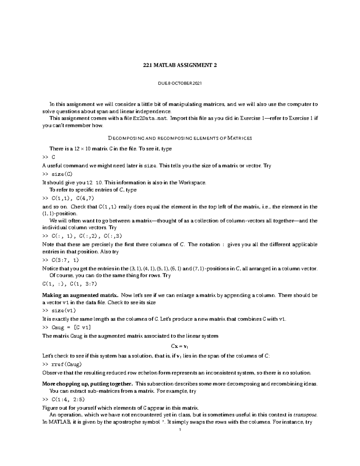 221 Matlabassignment 2 - 221 MATLAB ASSIGNMENT 2 DUE 8 OCTOBER 2021 In ...