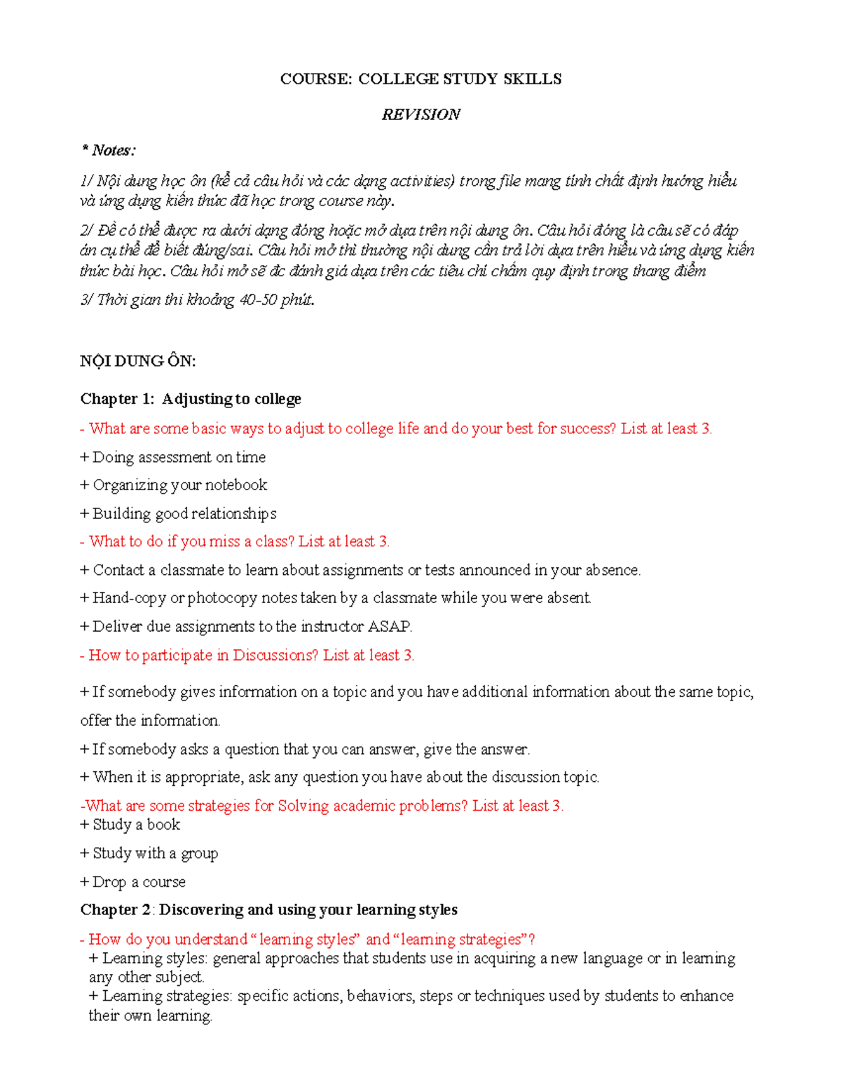 COLLEGE STUDY SKILLS REVISION Notes: KNHĐH Final Exam Guide - Studocu