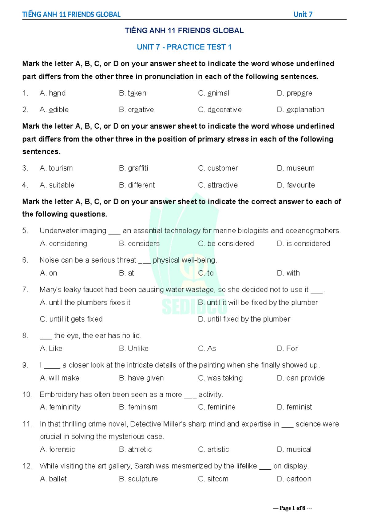 Tiếng Anh 11 Friends Global - Unit 7 - Practice Test 1 - Studocu