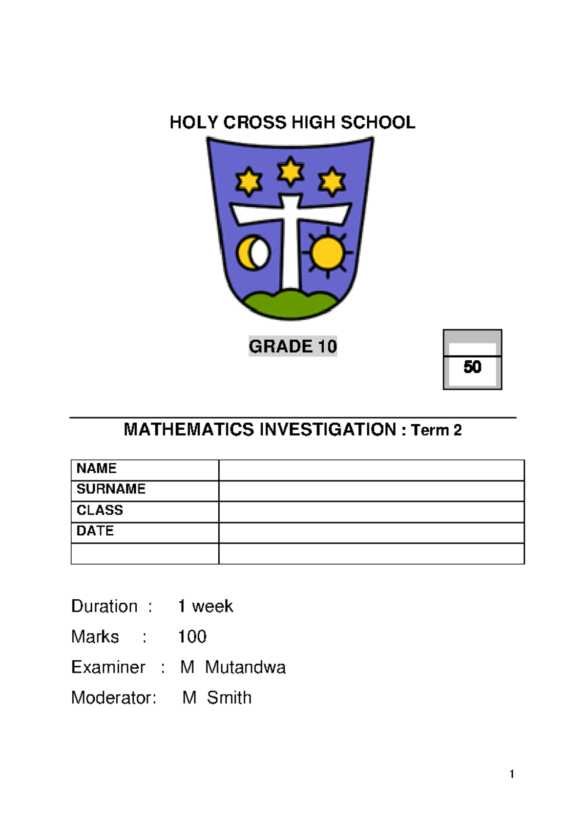Grade 10 Mathematics Investigation: Algebraic Expressions Term 2 - Studocu
