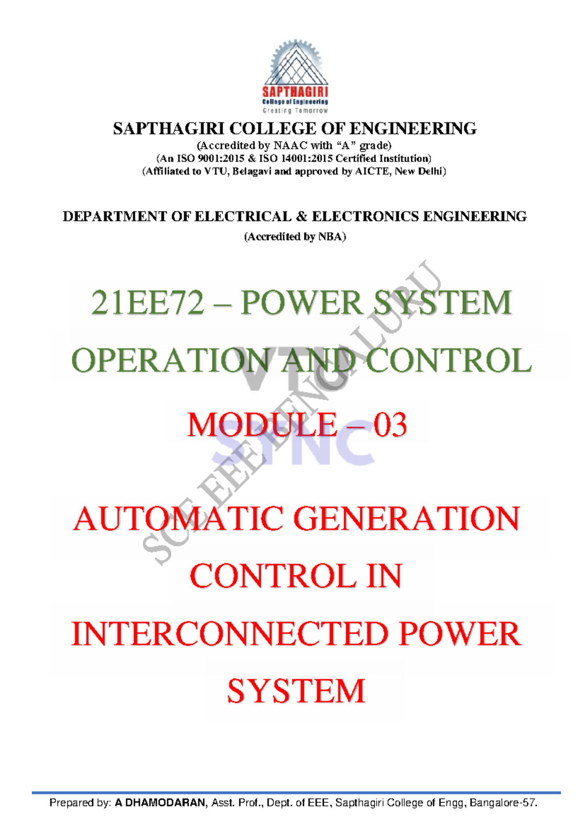 PSOC 21EE72 - Module 03: Automatic Generation Control in Power Systems ...
