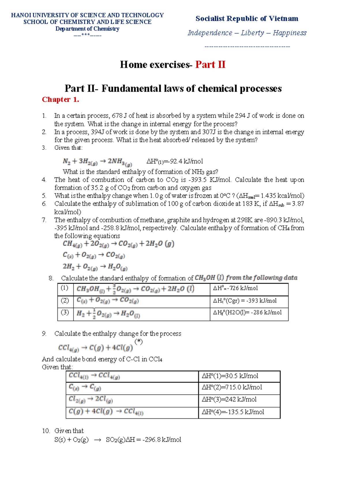 Exercises Part II: Fundamental Laws of Chemical Processes (Chemistry ...