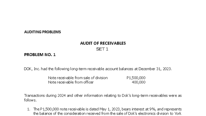 AP AUDIT OF RECEIVABLES CPA REVIEW PROBLEMS SET 1 & 2 - Studocu