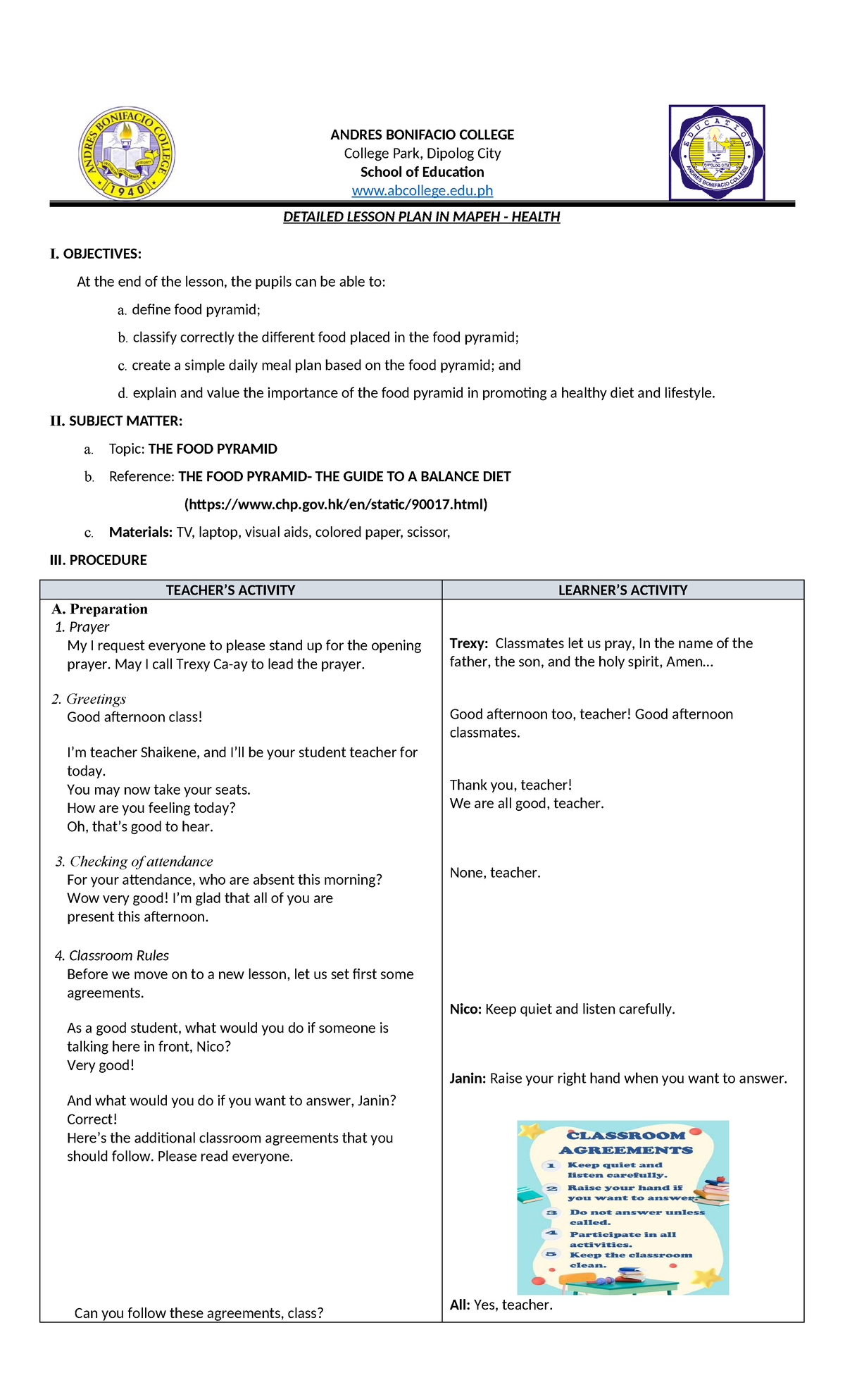 Detailed Lesson Plan in MAPEH Health: The Food Pyramid - Studocu